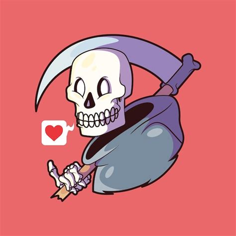 낫 벡터 삽화를 들고 있는 사신 캐릭터 재미있고 무섭고 마스코트 디자인 컨셉입니다 프리미엄 벡터