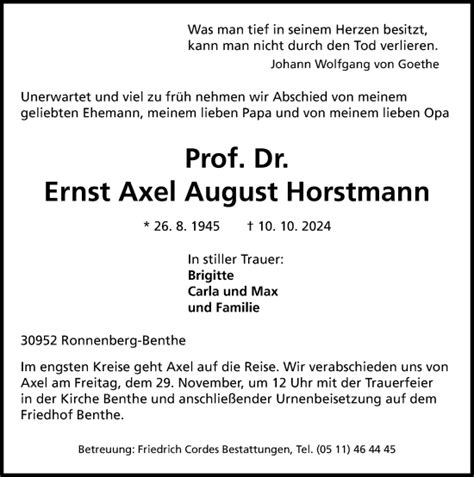 Traueranzeigen Von Ernst Axel August Horstmann Trauer Anzeigen De