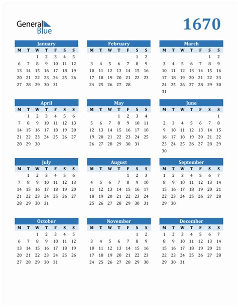 1670 Yearly Calendar Templates With Monday Start