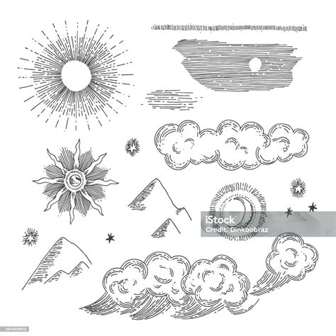 자연 조각 요소 손으로 그린 골동품 스타일의 태양과 천체 표지판 태양 하늘에 대한 스톡 벡터 아트 및 기타 이미지 태양 하늘 판화 제작물 그리기 Istock