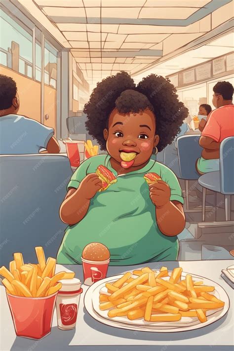 Premium Ai Image Obese Boy Girl Eating Fast Food Hamburger French