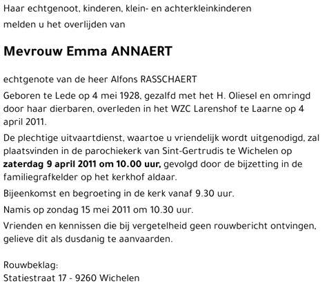 Avis De Décès De Emma Annaert Décédé Le 04042011 à Laarne Annonce Condoléances Fleurs Etc