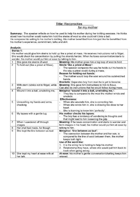 Reciprocities Notes Poem Analysis Of Mother Son Knitting Bond Studocu