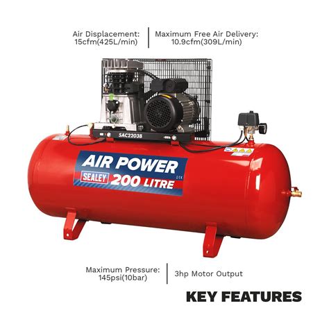 Sealey 200l Belt Drive Air Compressor With Cast Cylinders 3hp