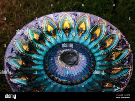 Peacock Patterned Plate Background With Purple Gold And Yellow Glass