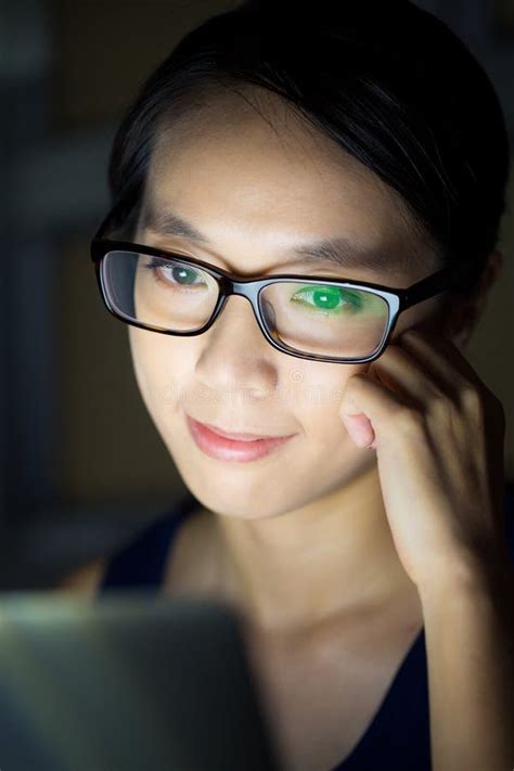 Woman Use Computer Stock Image Image Of Dark Eyeglasses 42231529