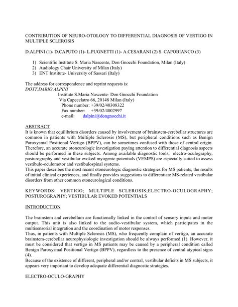 Pdf Vertigo And Multiple Sclerosis Aspects Of Differential Diagnosis