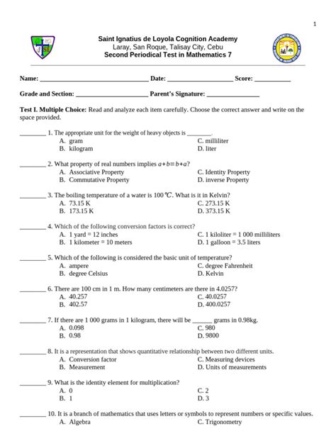 7 Math 2nd Periodical Test Pdf Variable Mathematics Algebra