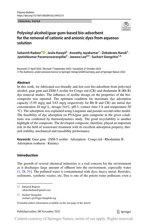 Polyvinyl Alcoholguar Gum Based Bio Adsorbent For The Removal Of