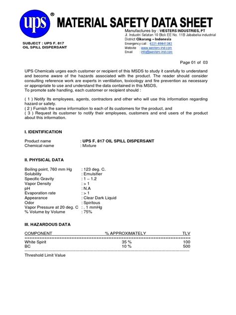 Msds Ups F817 Oil Spill Dispersant Pdf Working Conditions