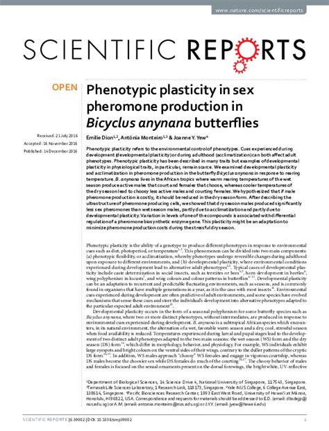 Pdf Phenotypic Plasticity In Sex Pheromone Production In A Butterfly
