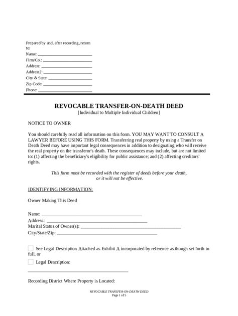 Revocable Transfer On Death Deed Blank Fillable Template Fill Out