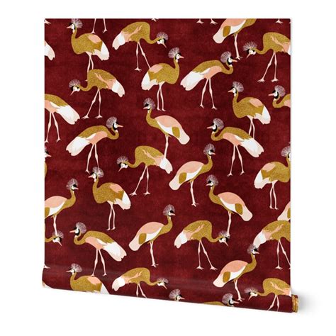 Crowned Cranes Rust And Mustard Wallpaper Spoonflower