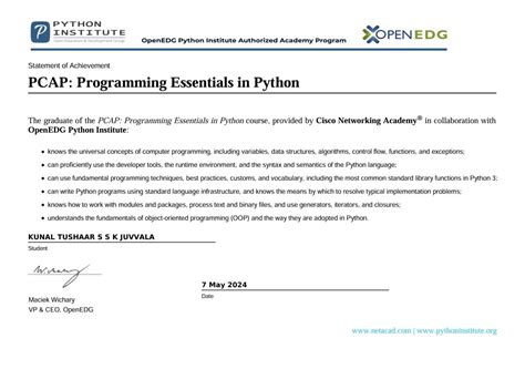 Completion Certificate For Programming Essentials In Python Kunal Juvvala Posted On The Topic