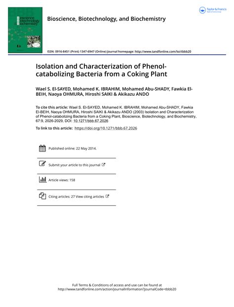 Pdf Isolation And Characterization Of Phenol Catabolizing Bacteria From A Coking Plant