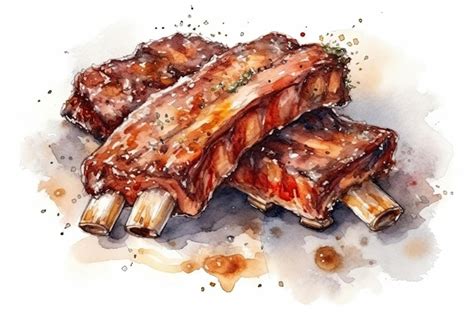 Watercolor Drawing Barbecue Ribs On White Background Generative Ai Premium Ai Generated Image
