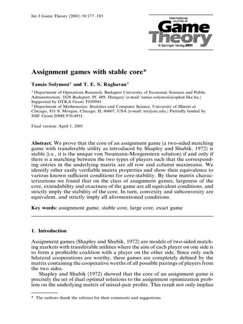 Assignmentgameswithstablecore Pdf Matrix Mathematics