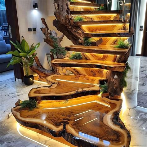 Rustic Wood Stairs With Plant Accents And Led Lights Live Edge
