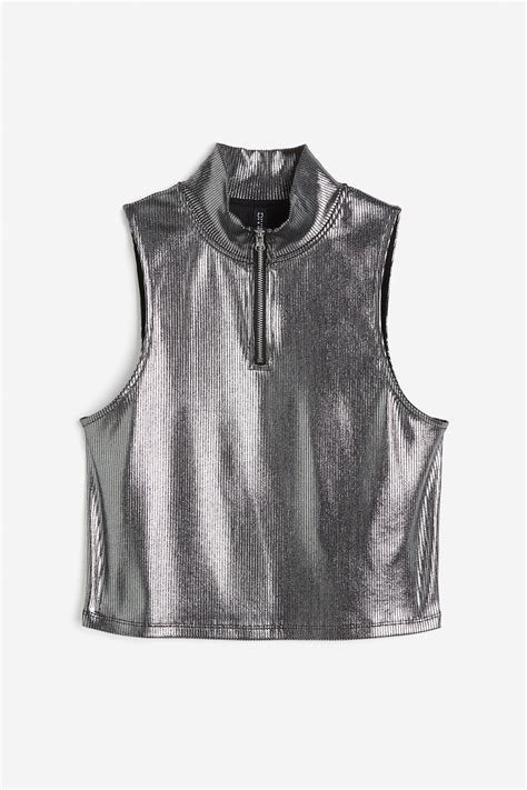 Womens Silver Coloured Zip Top Shimmering Metallic Vest Top Handm Gb