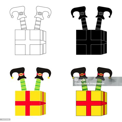 격리된 편평한 작풍에 있는 선물 상자를 가진 엘프 발의 세트 0명에 대한 스톡 벡터 아트 및 기타 이미지 0명 12월 개체 그룹 Istock