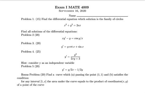 solved exam i mate 4009 september 16 2020 name problem 1 15 find the differential equation