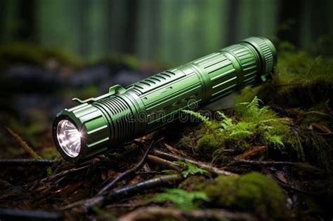 Unique Green Flashlight Resting On Mossy Forest Floor During Twilight