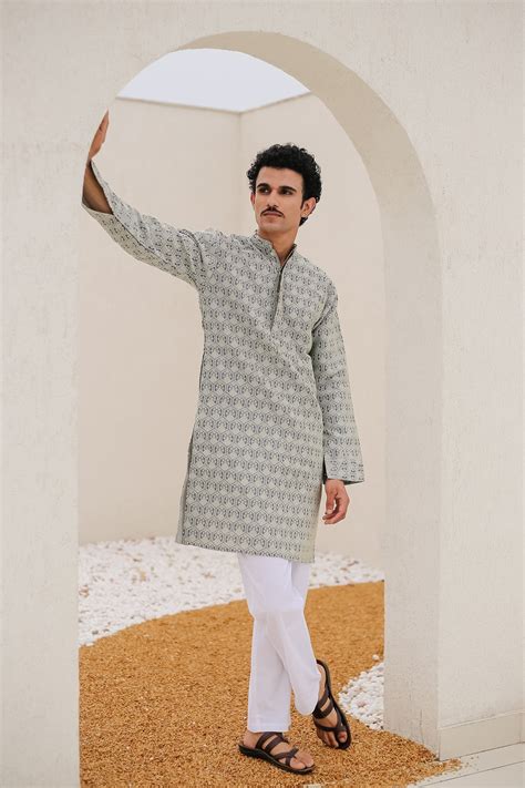 House Of Karichikankari Clothing Mens Kurta In Jacquard Self Grey Blue