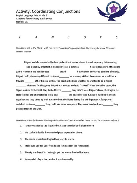 Coordinating Conjunctions Activity Adl Grade 6 Pdf Linguistics