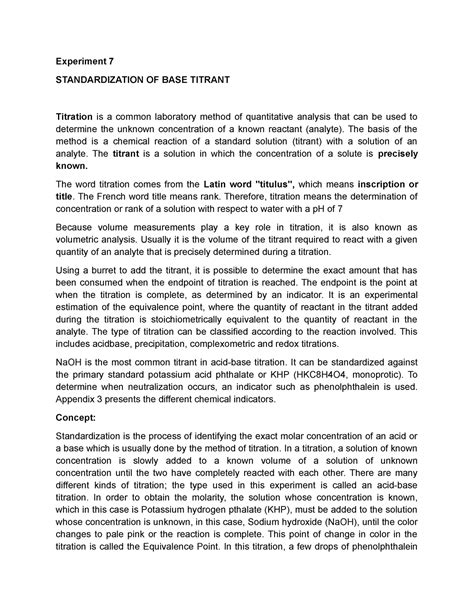 Standardization Of Base Titrant Experiment 7 Standardization Of Base Titrant Titration Is A