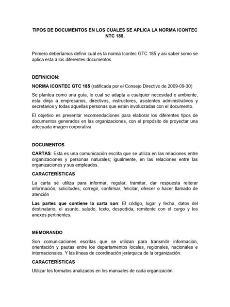Tipos De Documentos En Los Cuales Se Aplica La Norma Icontec Ntc 185 Descargar Gratis Pdf