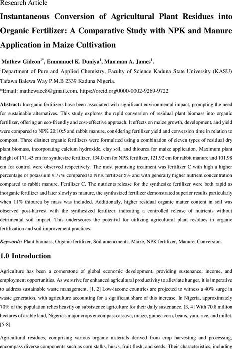 INSTANTANEOUS CONVERSION of AGRICULTURAL PLANT RESIDUES into ORGANIC FERTILIZER and it ...