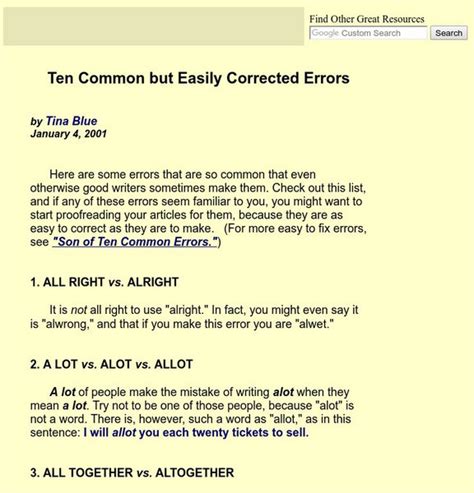 Ten Common But Easily Corrected Errors Handout For 9th 10th Grade
