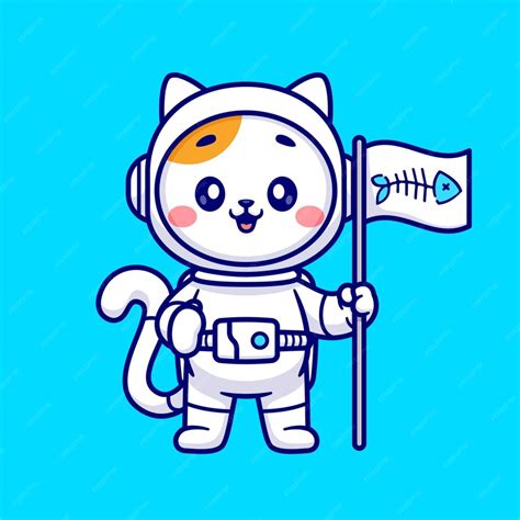 Free Vector Cute Cat Astronaut Holding Bone Fish Flag Cartoon Vector