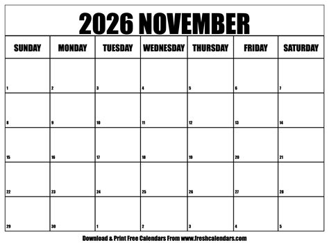 Blank Printable November 2026 Calendars