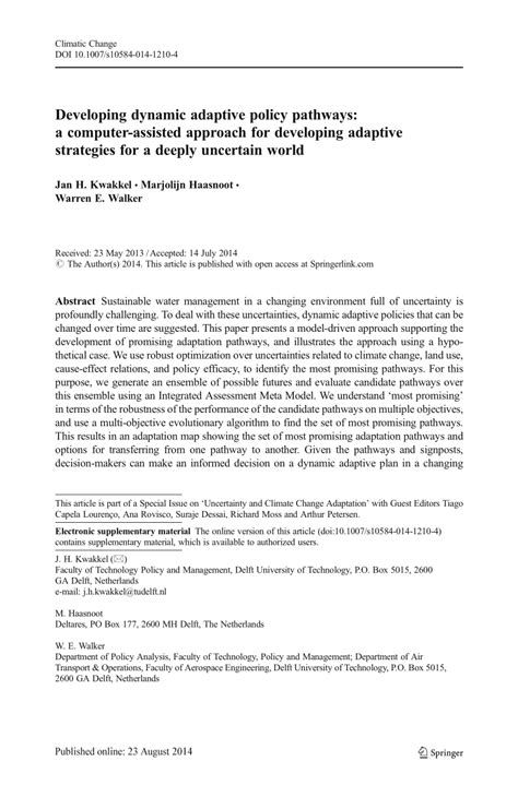 Pdf Developing Dynamic Adaptive Policy Pathways A Computer Assisted Approach For Developing