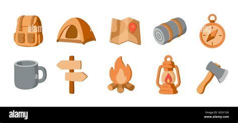 Set Of 10 Flat Vector Icons Featuring Hiking And Camping Equipment