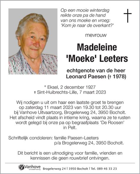 Madeleine Leeters † 07 03 2023 Inmemoriam