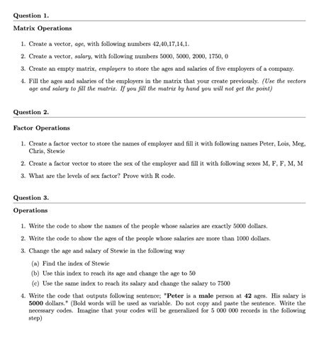 Solved Matrix Operations 1 Create A Vector Age With Chegg Com