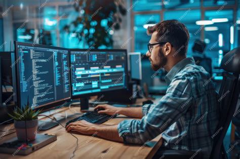 Focused Programmer Working On Code At A Multimonitor Setup In A Modern Office Environment