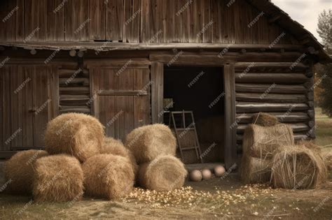 Premium AI Image | Rural background with old wooden barn and bales of hay created with generative ai