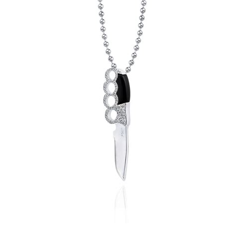 White Diamond Brass Knuckle Knife Pendant White Gold Enamel