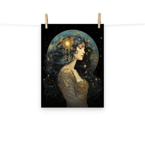 Celestial Star Goddess Art Nouveau Poster B Fantasy Wall Art For