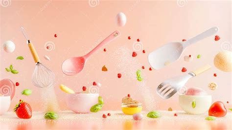 Creative Baking Concept With Floating Utensils Ingredients And Vibrant Colors Stock