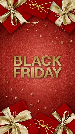 블랙 프라이데이 텍스트와 선물 상자는 빨간 반짝이 반짝이는 별 질감 배경에 고립 된 황금 리본 활 티켓 선물 카드 판매 및