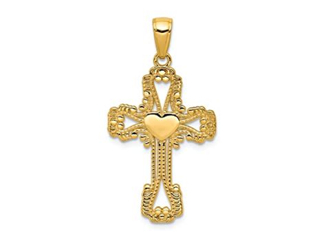 14k Yellow Gold Textured Beaded Cross With Heart Pendant 1314za Jtv
