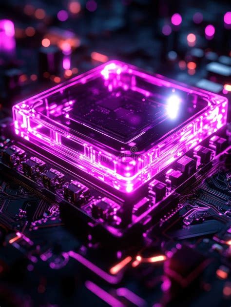 Glowing Quantum Processor On Digital Circuit Board With Neon Accents