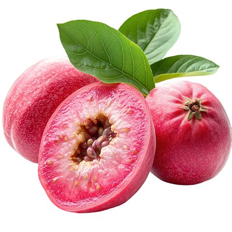 Fresh Pink Guavas With Green Leaves Showcasing Their Juicy Interior In