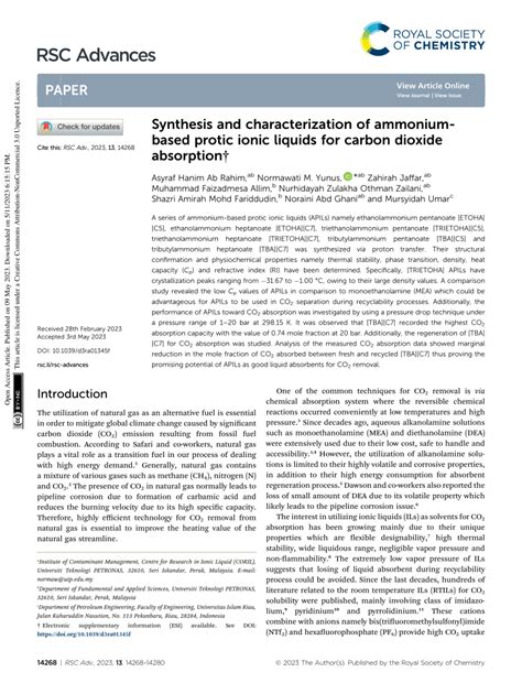 Pdf Synthesis And Characterization Of Ammonium Based Protic Ionic Liquids For Carbon Dioxide