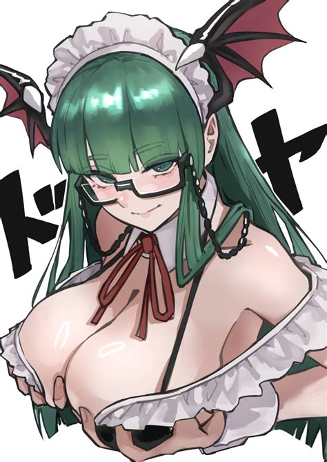 Rule 34 Ap Cammy Bat Wings Breasts Capcom Darkstalkers Glasses Green Hair Holding Breast Maid