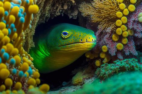 Premium Photo Yellow Green Predatory Moray Eel Lurks In Burrow Among